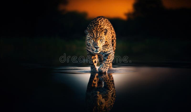 Close-up of a Jaguar Stalking Prey in Water at Sunrise Stock ...