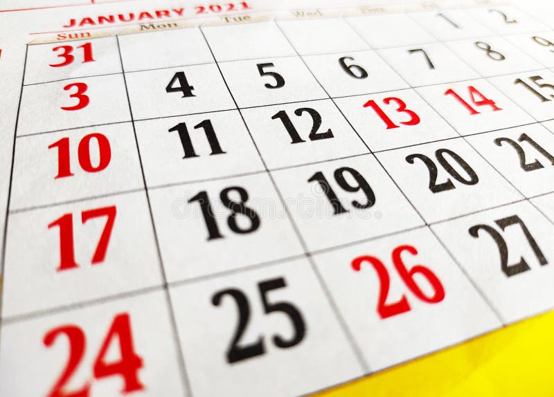 Close Up of January Month Calendar Page 2021 with Date Stock Image ...