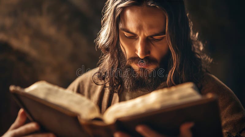 Close Up of Jesus Christ Engaged in Reading the Bible with Intense ...