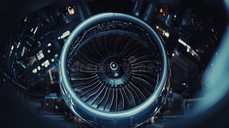 A Close Up of a Jet Engine with a Blue Light Shining on it Stock ...
