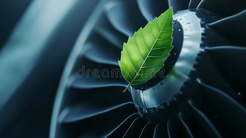 Close Up of Jet Engine with Green Leaf Symbolizing Eco Friendly Fuel in ...