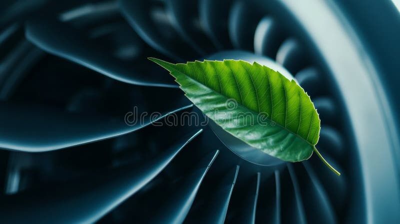 Close Up of Jet Engine with Green Leaf Symbolizing Eco Friendly Fuel in ...