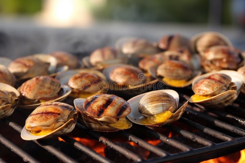Close-up of Juicy Quahogs on a Beach Grill Stock Illustration ...