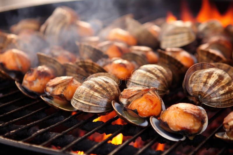 Close-up of Juicy Quahogs on a Beach Grill Stock Illustration ...