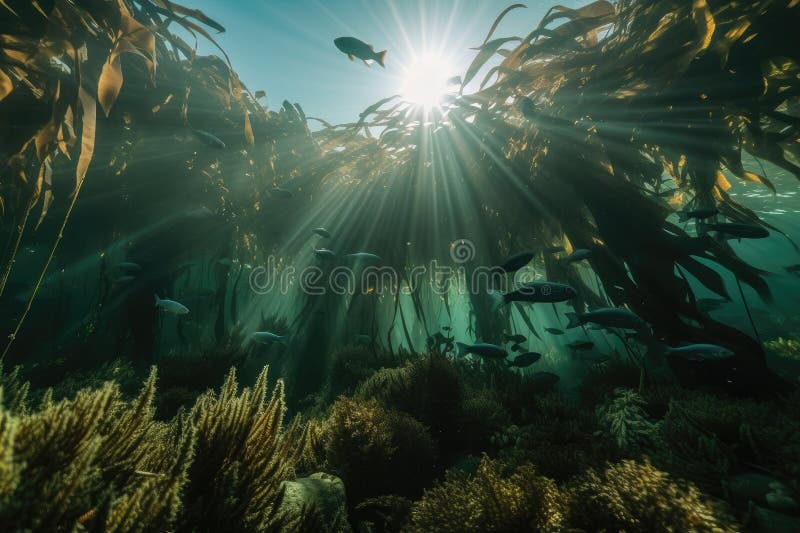 Close-up of Kelp Forest with Schools of Fish Swimming among the Fronds ...