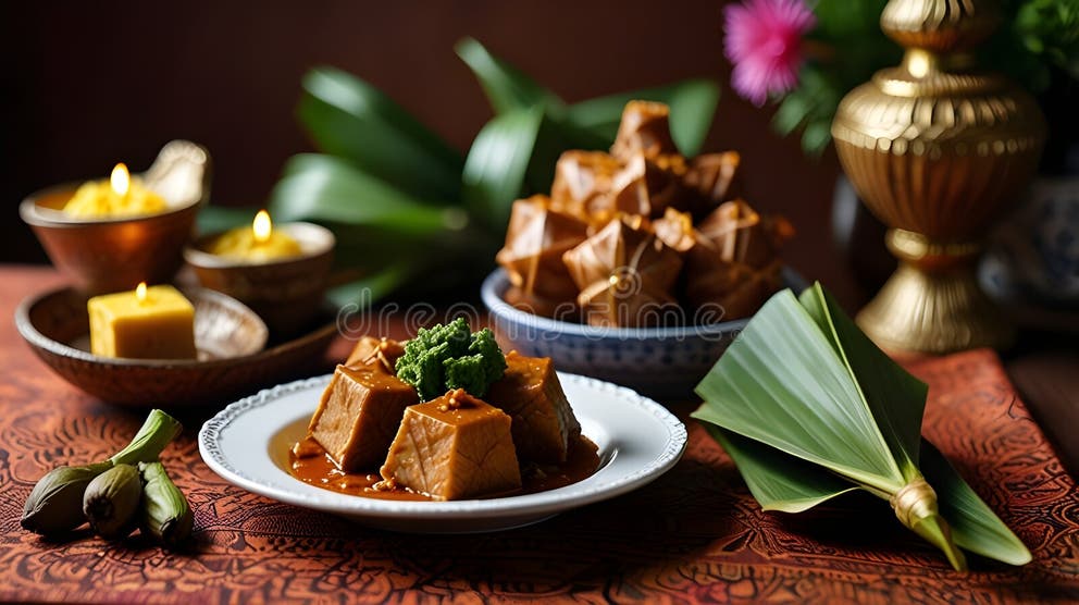 Close-up of Ketupat and Rendang Served on a Festive Table Setting Stock ...