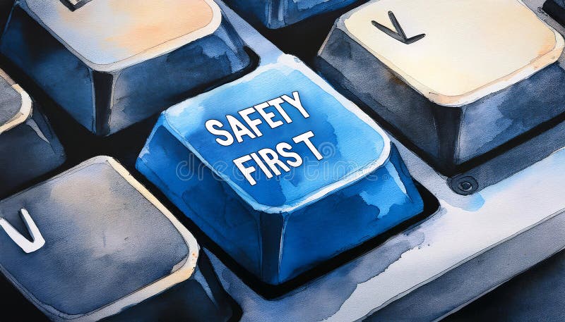 A Close-up of a Keyboard with a Blue Key Labeled Safety First in White ...