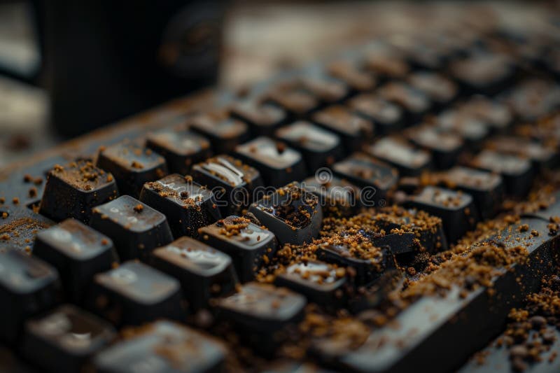 A Close-up of a Keyboard Covered in Crumbs and Coffee Stains ...
