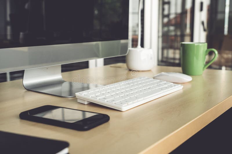 Close Up Keyboard Desktop PC Computer on Table in Small Modern Office ...