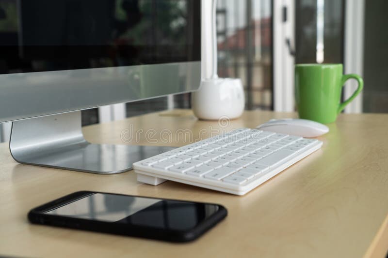 Close Up Keyboard Desktop PC Computer on Table in Small Modern Office ...