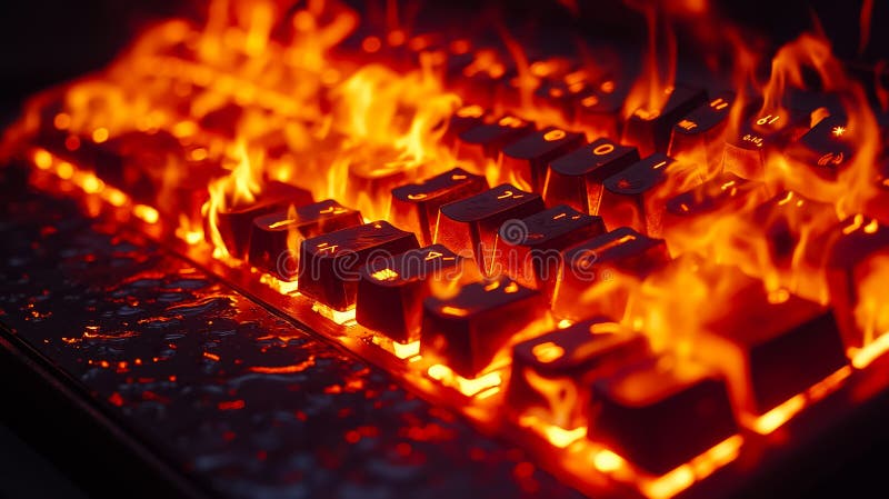 A Close Up of a Keyboard on Fire with Water Droplets on it Stock ...