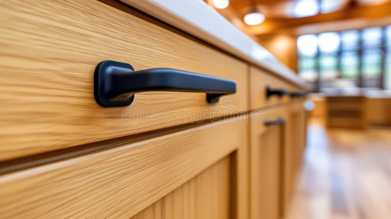 A Close Up of a Kitchen Cabinet with Black Handles and Wood, AI Stock ...