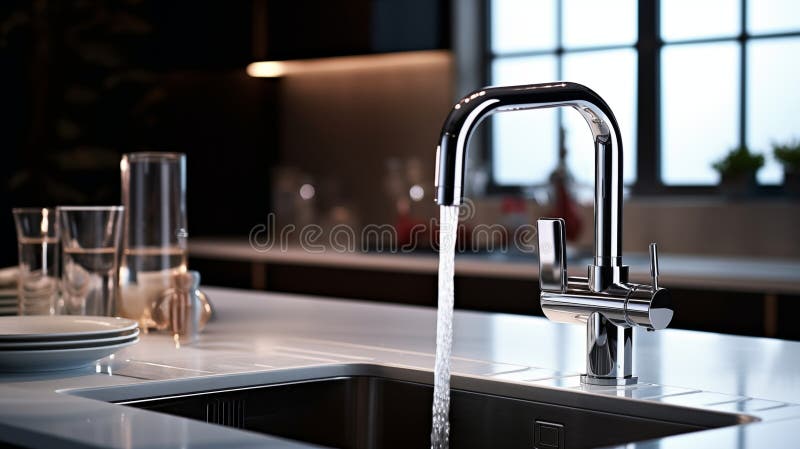 Close-up on Kitchen Sink with Modern Silver Kitchen Faucet Turned on ...