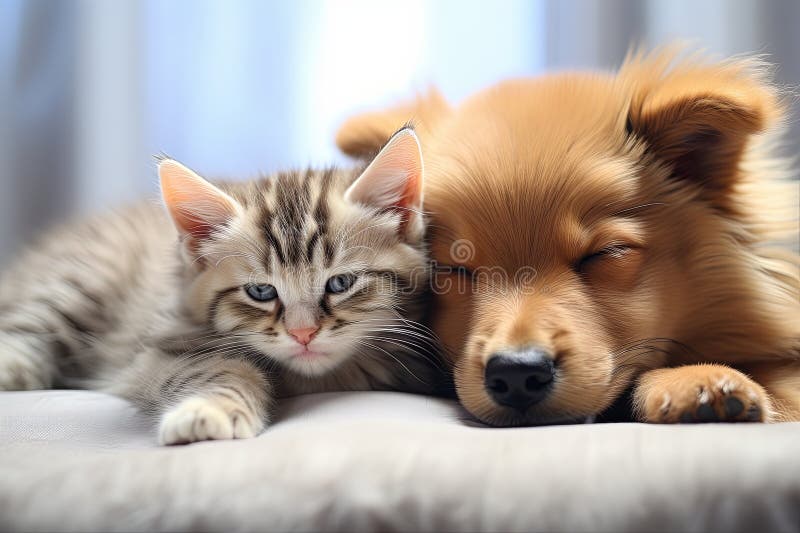 Close Up Kittens Cat and Adorable Dog Together Lying Stock Illustration ...
