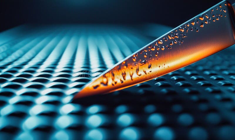 A Sharp Steel Knife Blade Glistens with Water Droplets, Resting on a ...