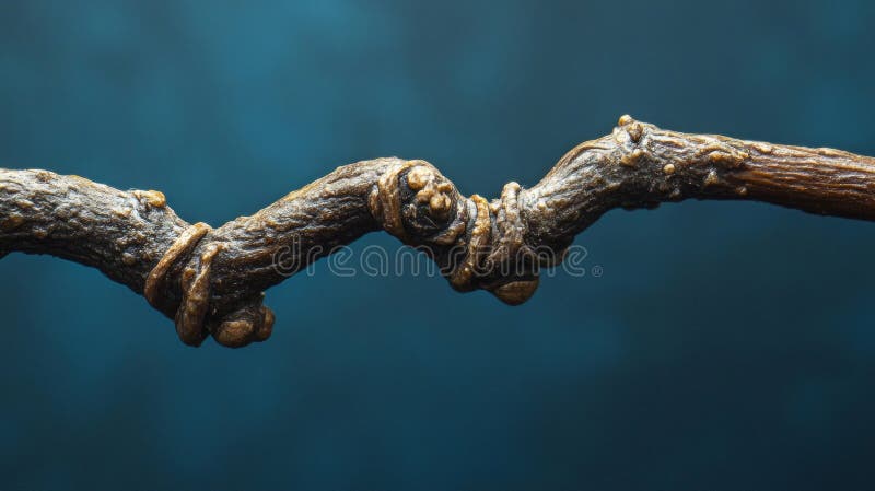 Close-up of a Knotted Brown Branch Against a Dark Blue Background Stock ...