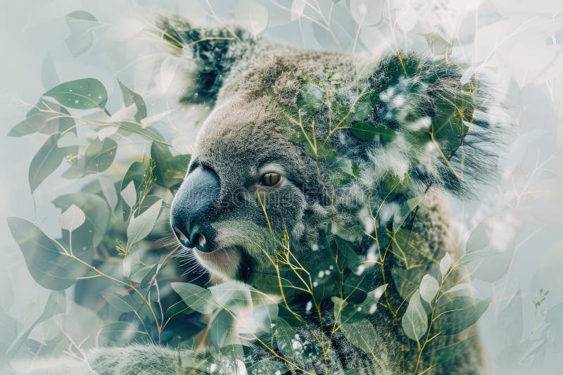 A Close-up of a Koala Blended with the Texture of Eucalyptus Leaves in ...
