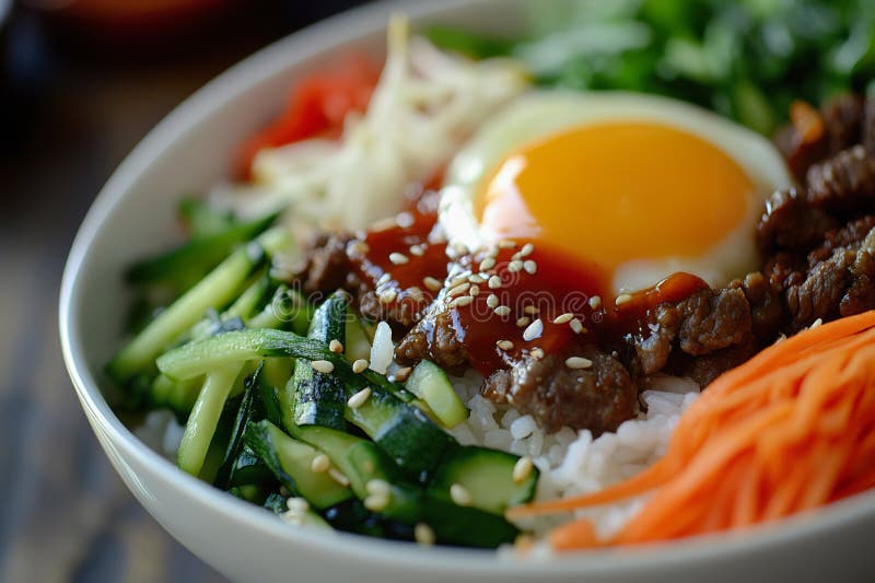 Close Up of Korean Bibimbap with Rice, Egg, and Vegetables Stock Image ...