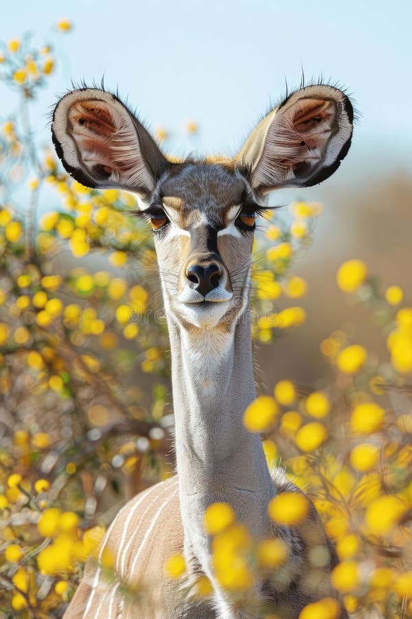 Majestic Greater Kudu Antelope Portrait in Yellow Flowers Stock ...