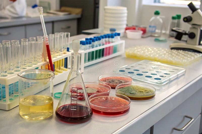A Close-up of a Lab Counter with Test Tubes and Petri Dishes Stock ...