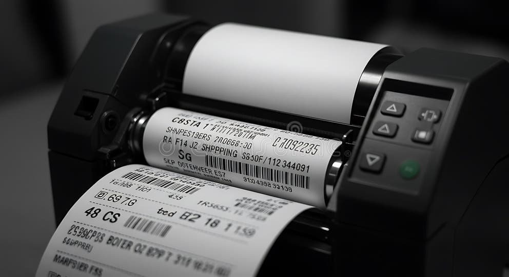 Close-up of Label Printer Printing Shipping Labels in Monochrome ...