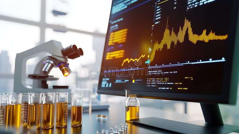 A Close-up of a Laboratory Bench with a Microscope, Vials, and a ...