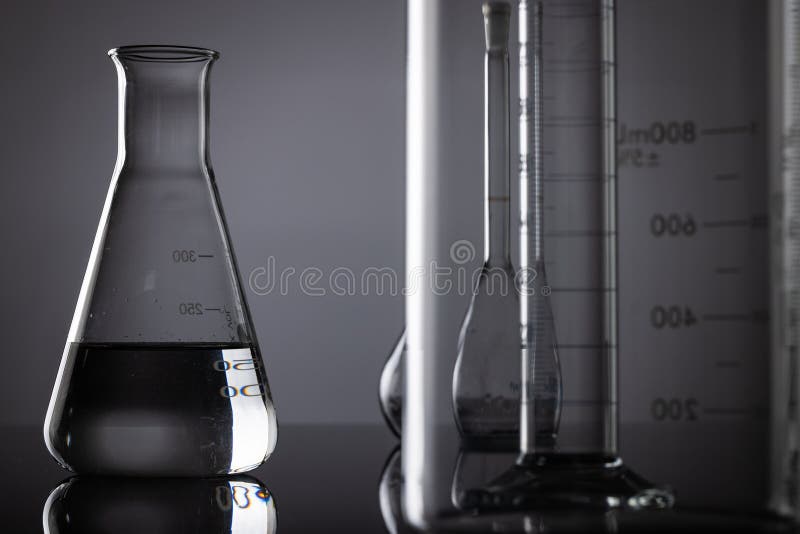 Close Up of Laboratory Dishes and Copy Space on Grey Background Stock ...