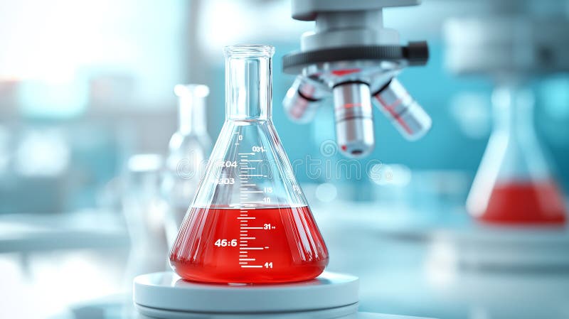 Close Up of Laboratory Flasks with Red Liquid Microscope in Background ...