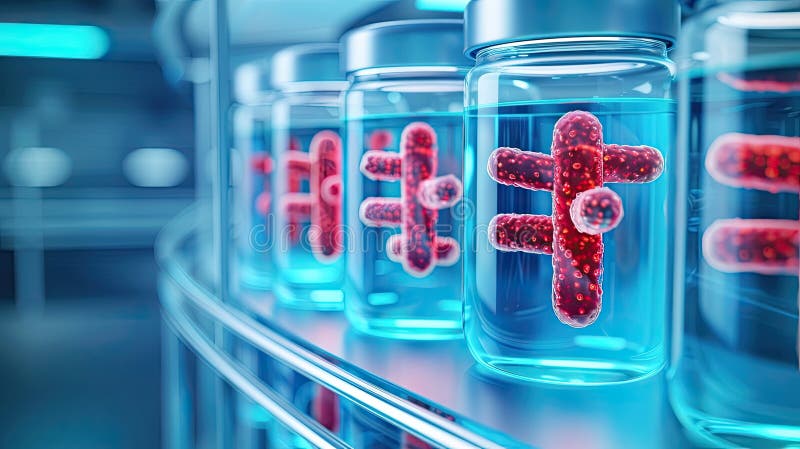 Close-up of Laboratory Glass Jars Containing Red Bacteria Samples on a ...