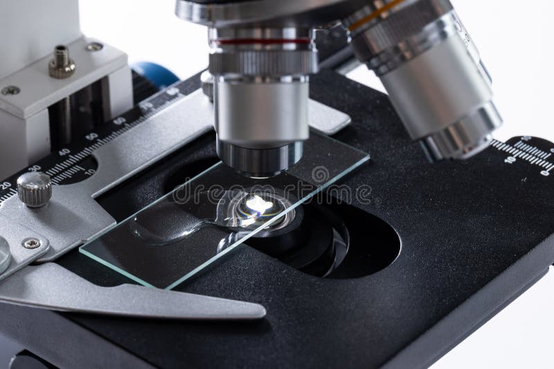 Close Up of Laboratory Microscope and Copy Space on White Background ...