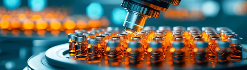 AI Microscopic Analysis Orange Liquid Sample Vials in Lab Stock ...