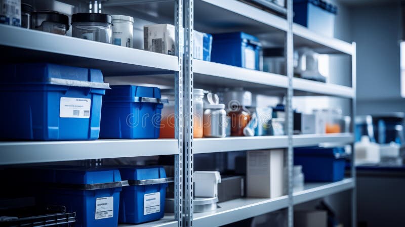 Close Up of Laboratory Shelves with Component Boxes in Modern ...