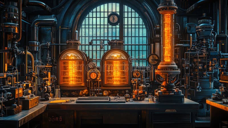 Close Up of a Laboratory with Vintage Equipment and Glowing Tubes Stock ...
