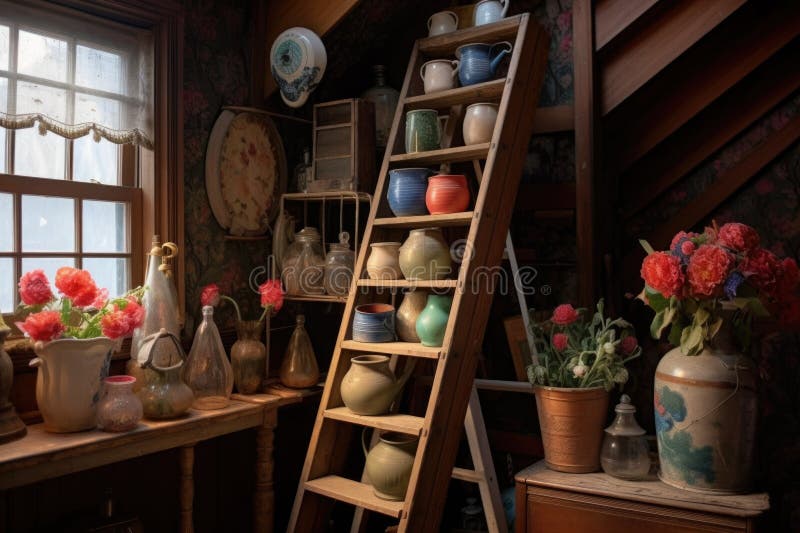 Close-up of Ladder Steps with Attic Items in Background Stock ...