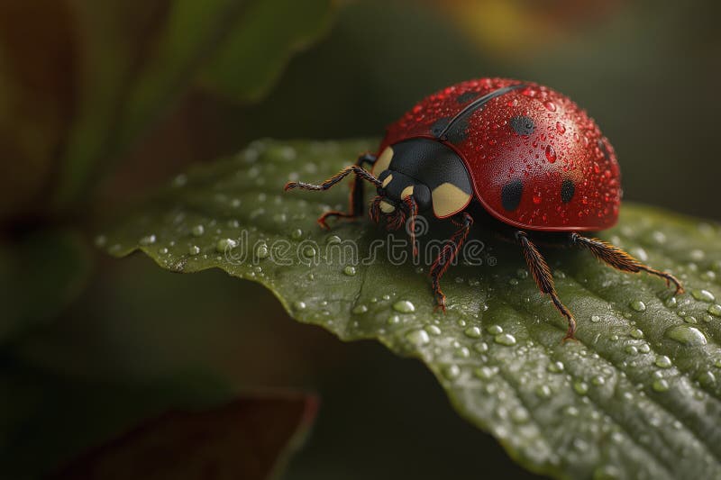 Ladybug on Dewy Leaf: Close-up with Glistening Shell Stock Illustration ...