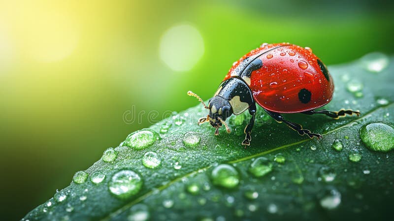Close-up of Ladybug on Dewy Leaf, Sunlight Highlighting Red Shell Stock ...