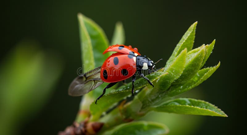 Close-up of a Ladybug on a Dewy Leaf. Stock Illustration - Illustration ...