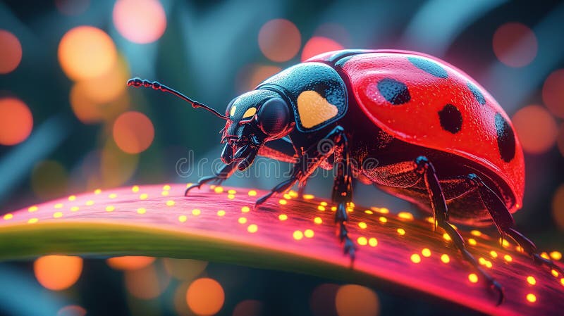 Close-up of a Ladybug on a Glowing Leaf at Night Stock Illustration ...