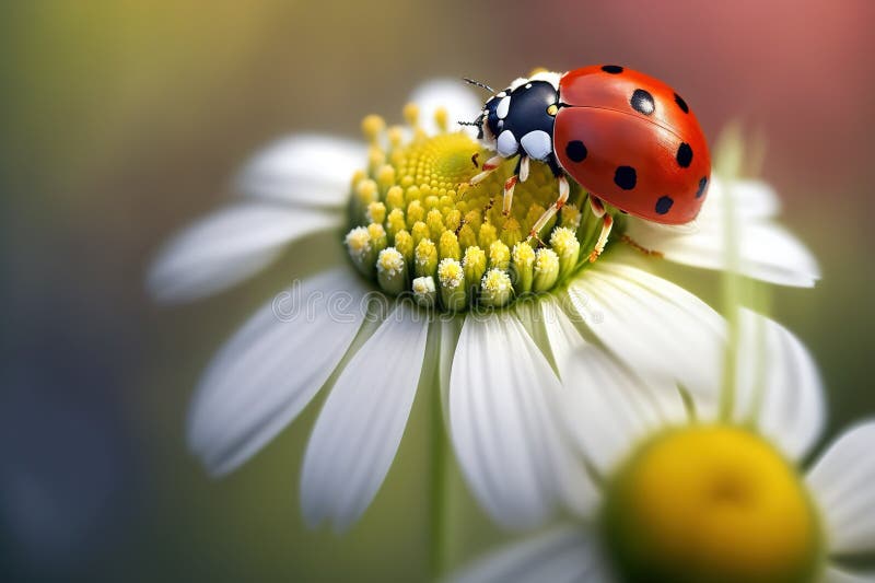 Close Up of Ladybug Posing on Daisy Flower. Focus on Foreground Stock ...