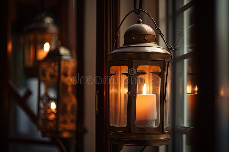 Close-up of Lanterns, with Warm Light and Candlelight Shining through ...