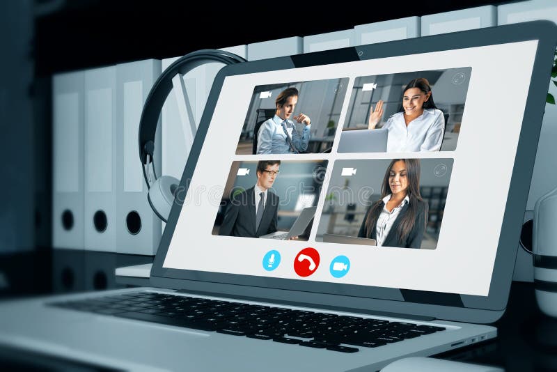 Close Up of Laptop Computer with Video Conference Call on Screen. Work ...