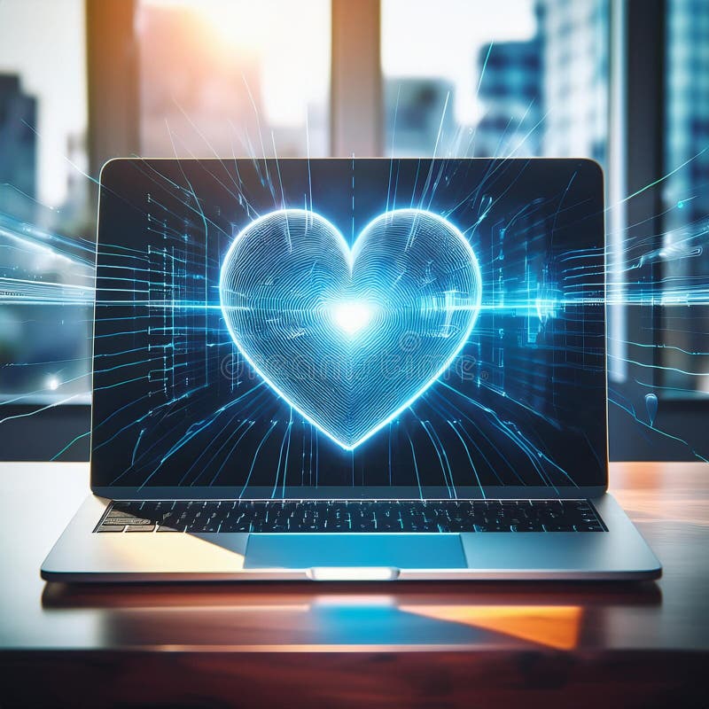Close Up of Laptop Computer with Digital Heart Hologram on Workplace ...