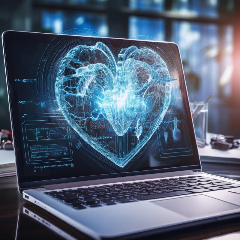 Close Up of Laptop Computer with Digital Heart Hologram on Workplace ...