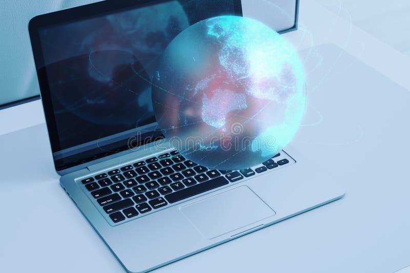 Close Up of Laptop Computer with Glowing Globe and Connection Lines on ...