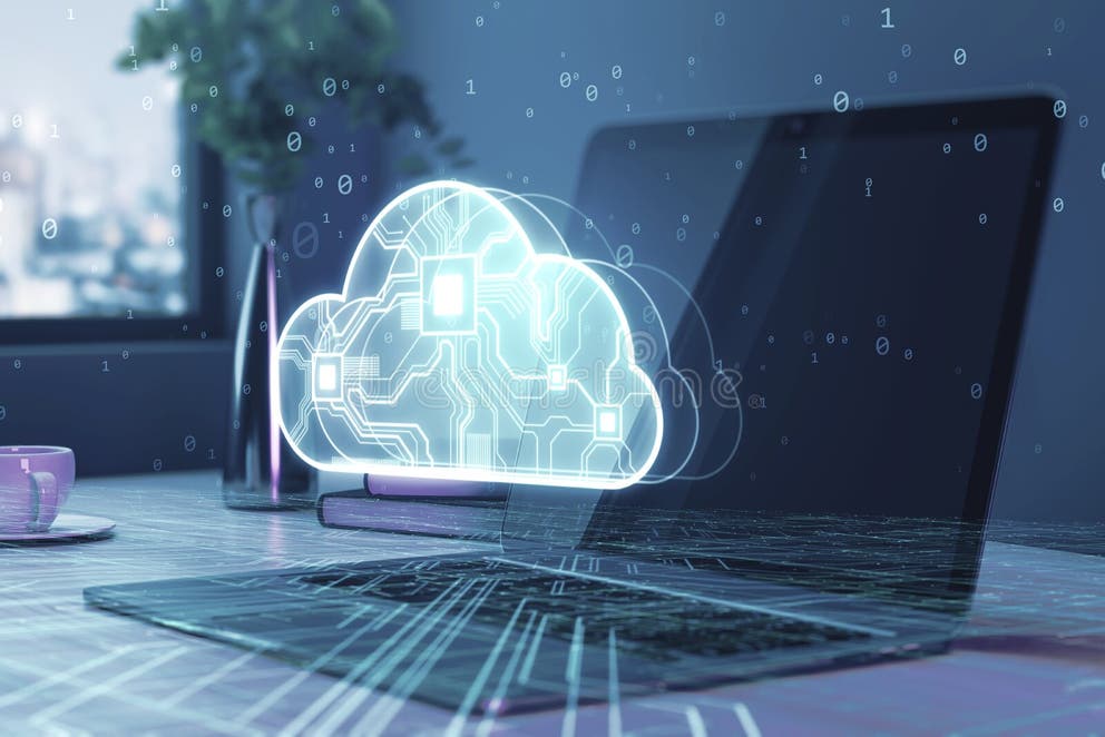 Close Up of Laptop Computer with Hologram. Glowing Cloud Hologram Stock ...