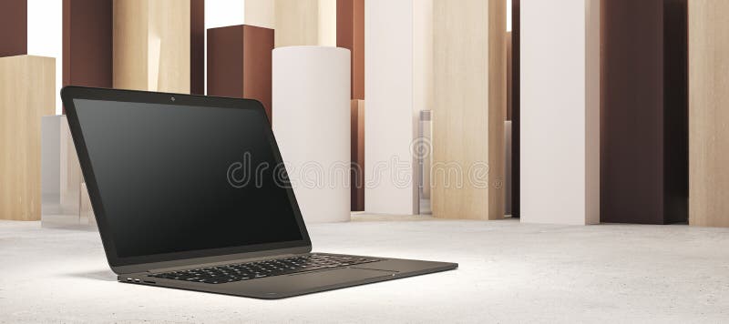 Close Up of Laptop Computer in Spotlight and with Empty Mock Up Screen ...