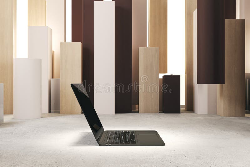 Close Up of Laptop Computer in Spotlight Placed on Abstract Geometric ...