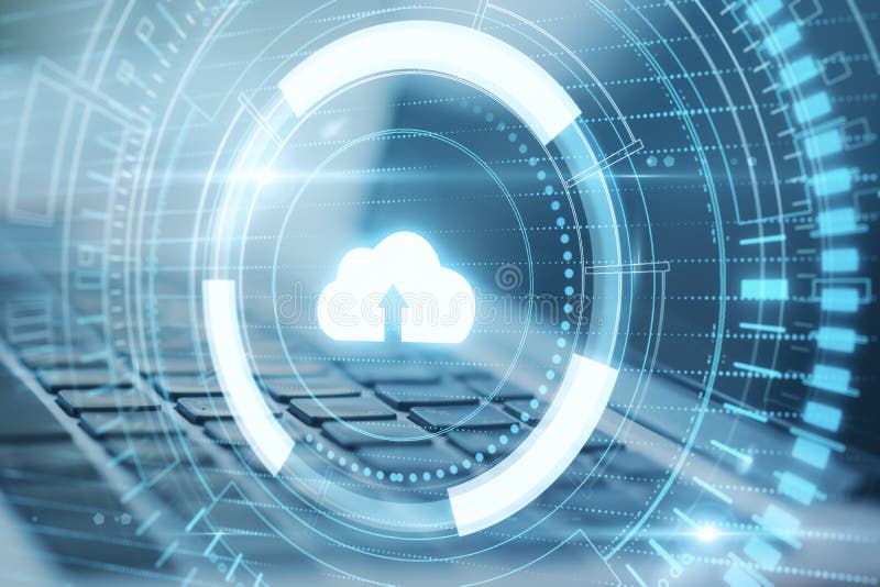 Close Up of Laptop with Creative Glowing Blue Clouds Hologram on Dark ...