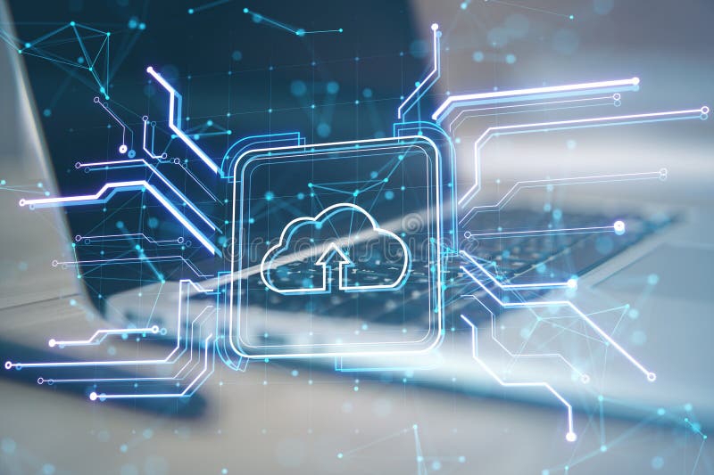 Close Up of Laptop on Desk with Items and Creative Square Circuit ...