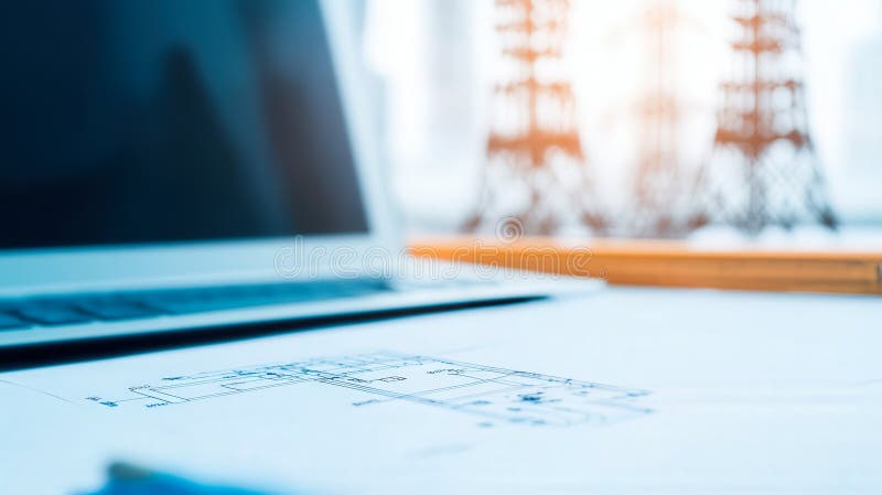 CAD Electrical Project on Laptop with Construction Plans Stock Photo ...